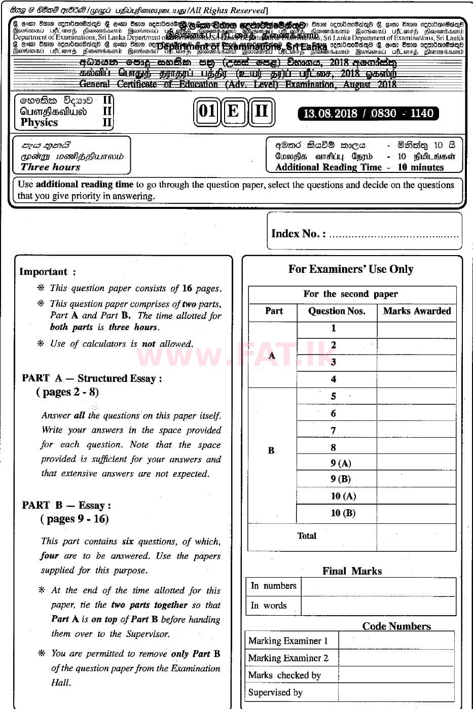 National Syllabus : Advanced Level (A/L) Physics - 2018 August - Paper ...
